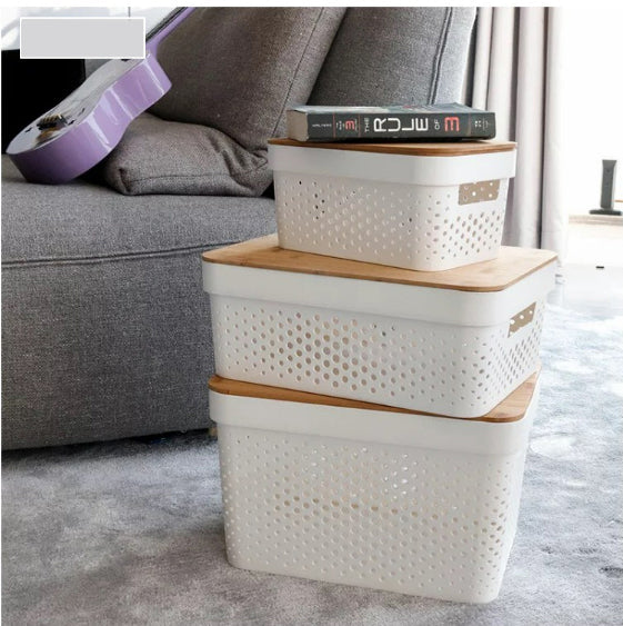 Plastic Storage Basket Set of 3 with Wooden Lid for Home/Office Use.